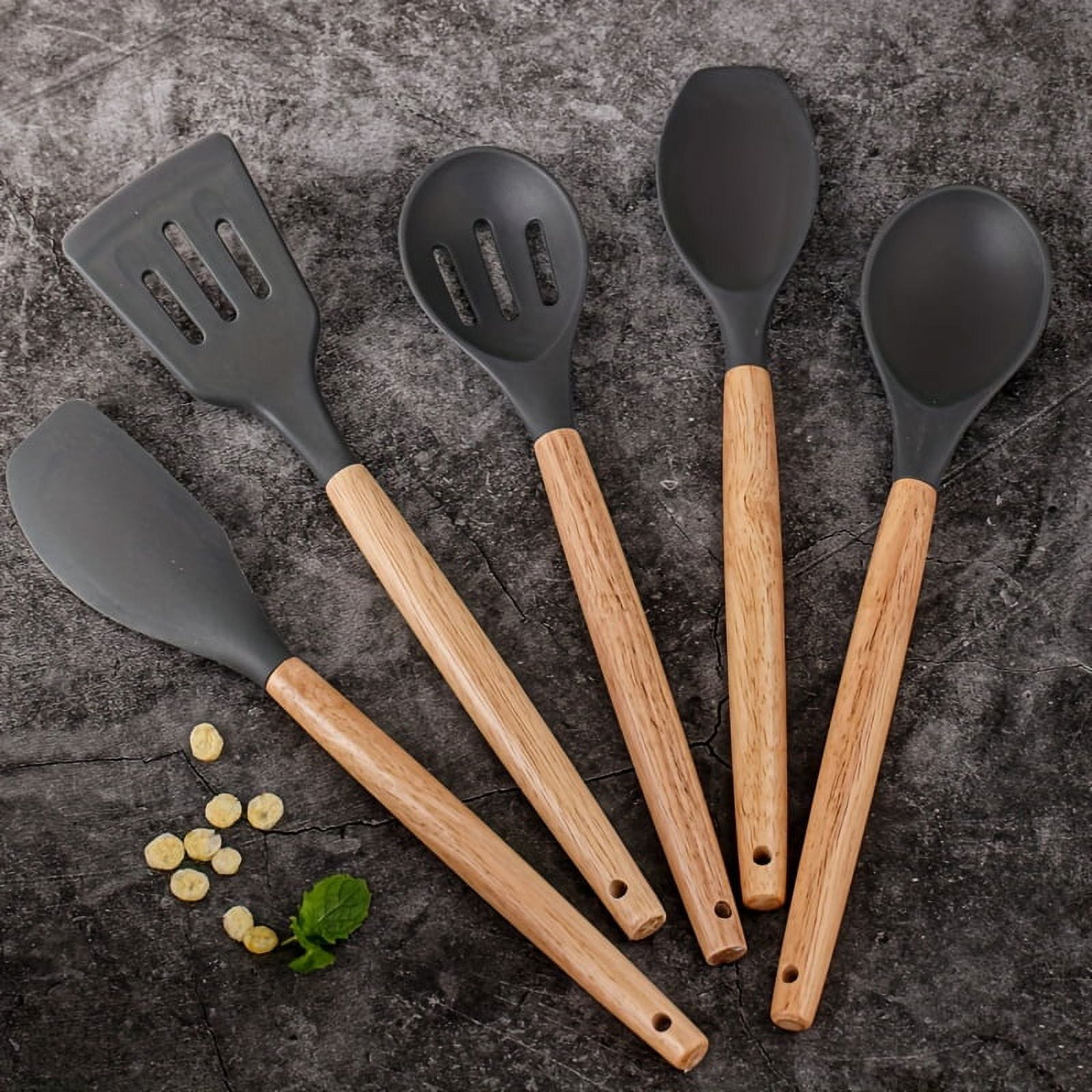 5pcs Silicone Kitchen Utensil Set with Wooden Handles, Non-Stick ...