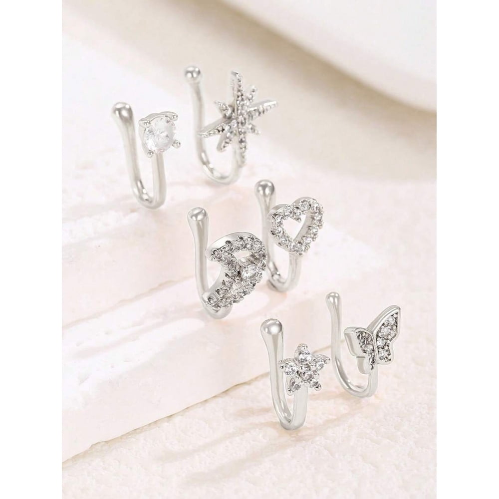 5pcs Silver Fashion Nose Clips Earrings Set With Cubic Zirconia ...