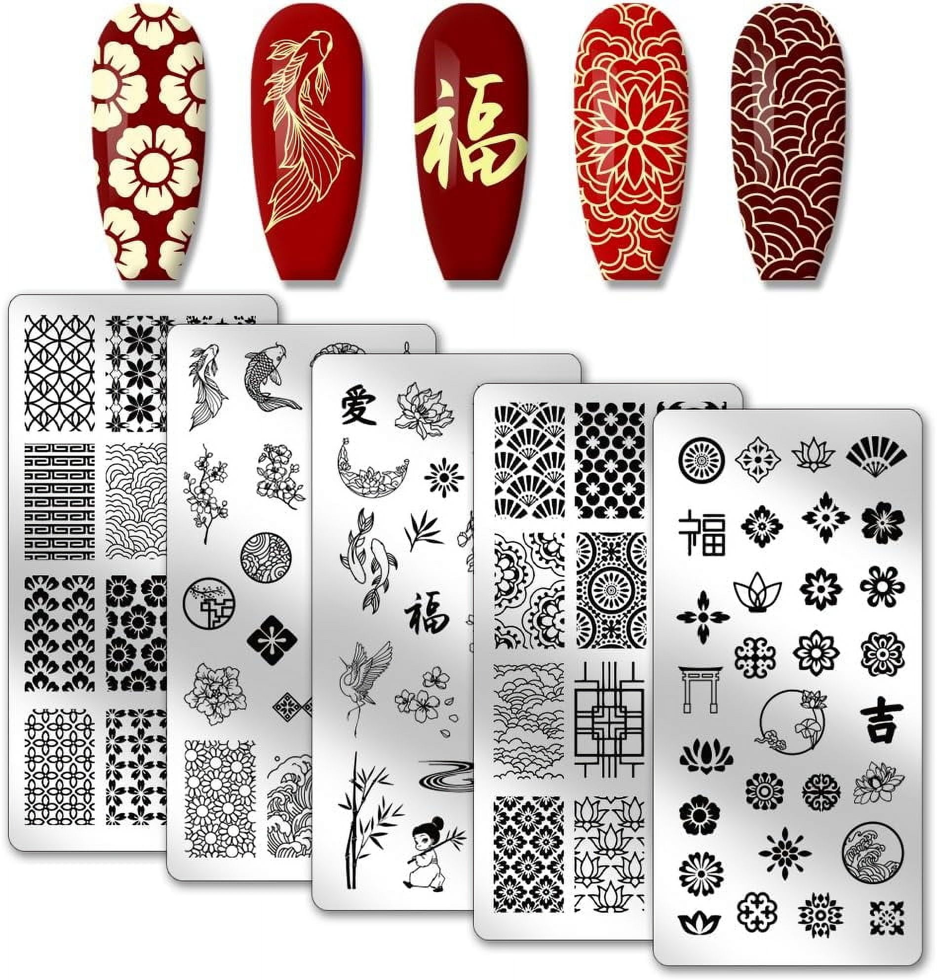 5pcs Traditional Chinese Style Nail Stamping Plates Lucky Words Panda ...