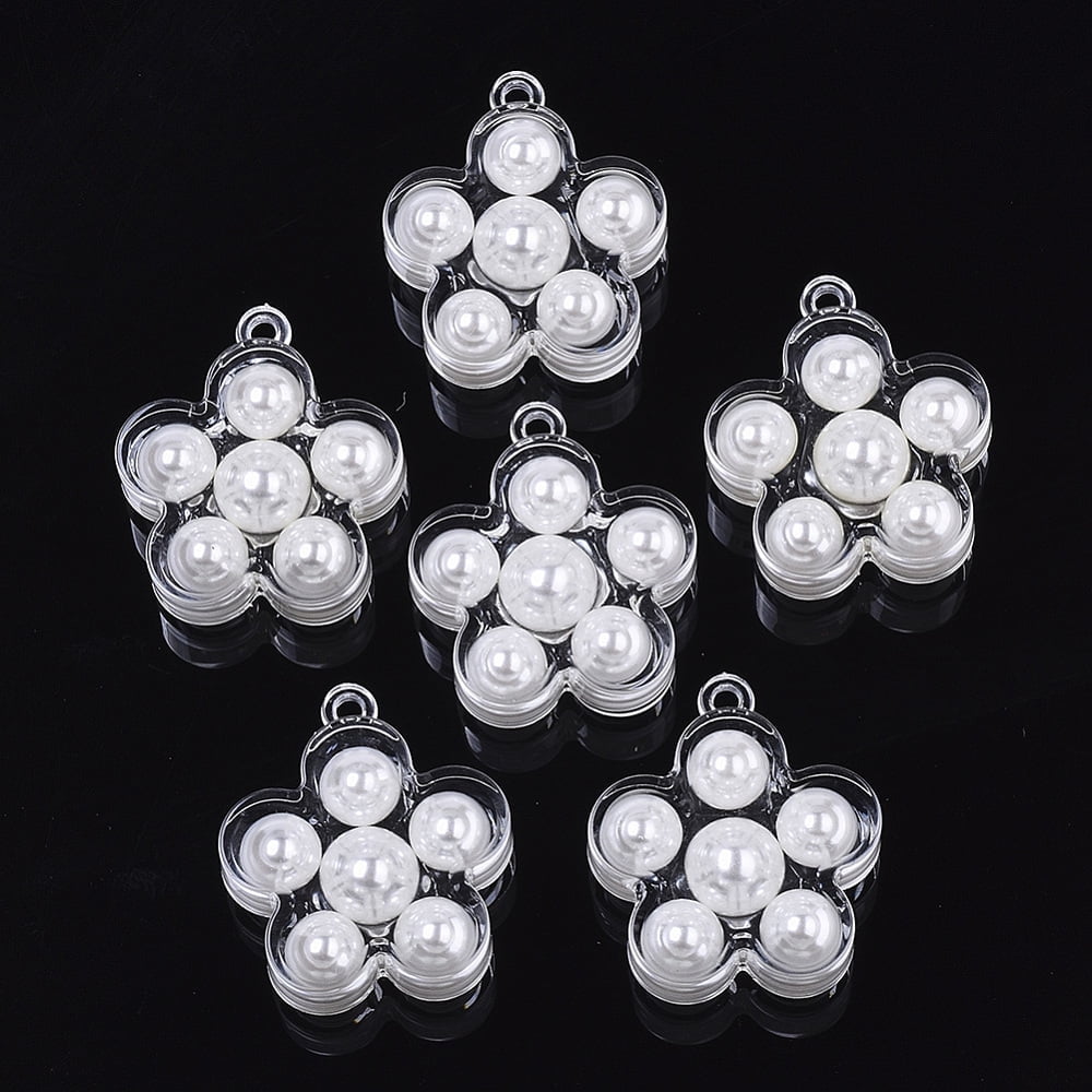 5pcs Transparent Acrylic Pendants with Plastic Imitation Pearl Flower ...