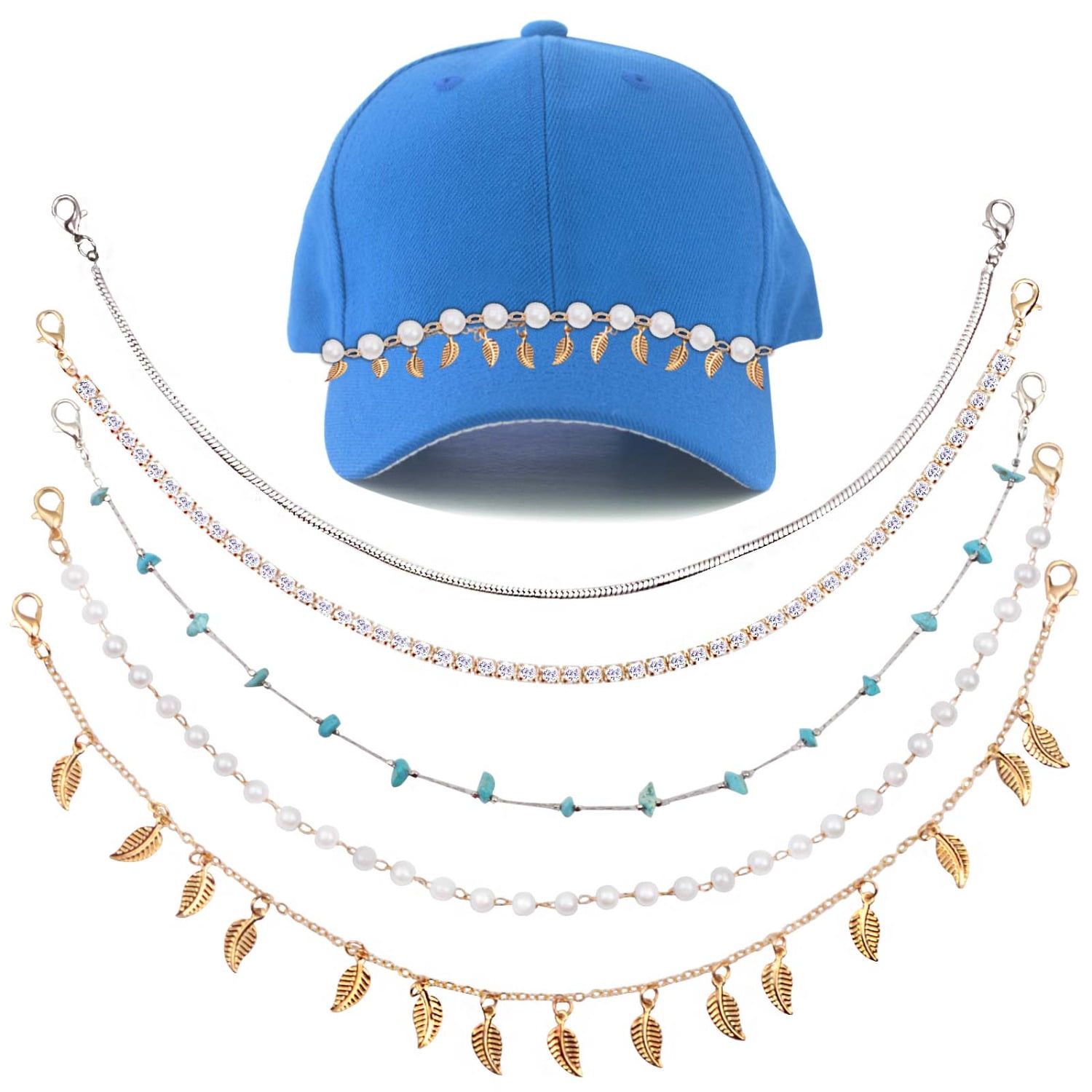 5pcs Trucker Hat Chains Brass Golden Leaves Turquoise Imitation Pearls ...