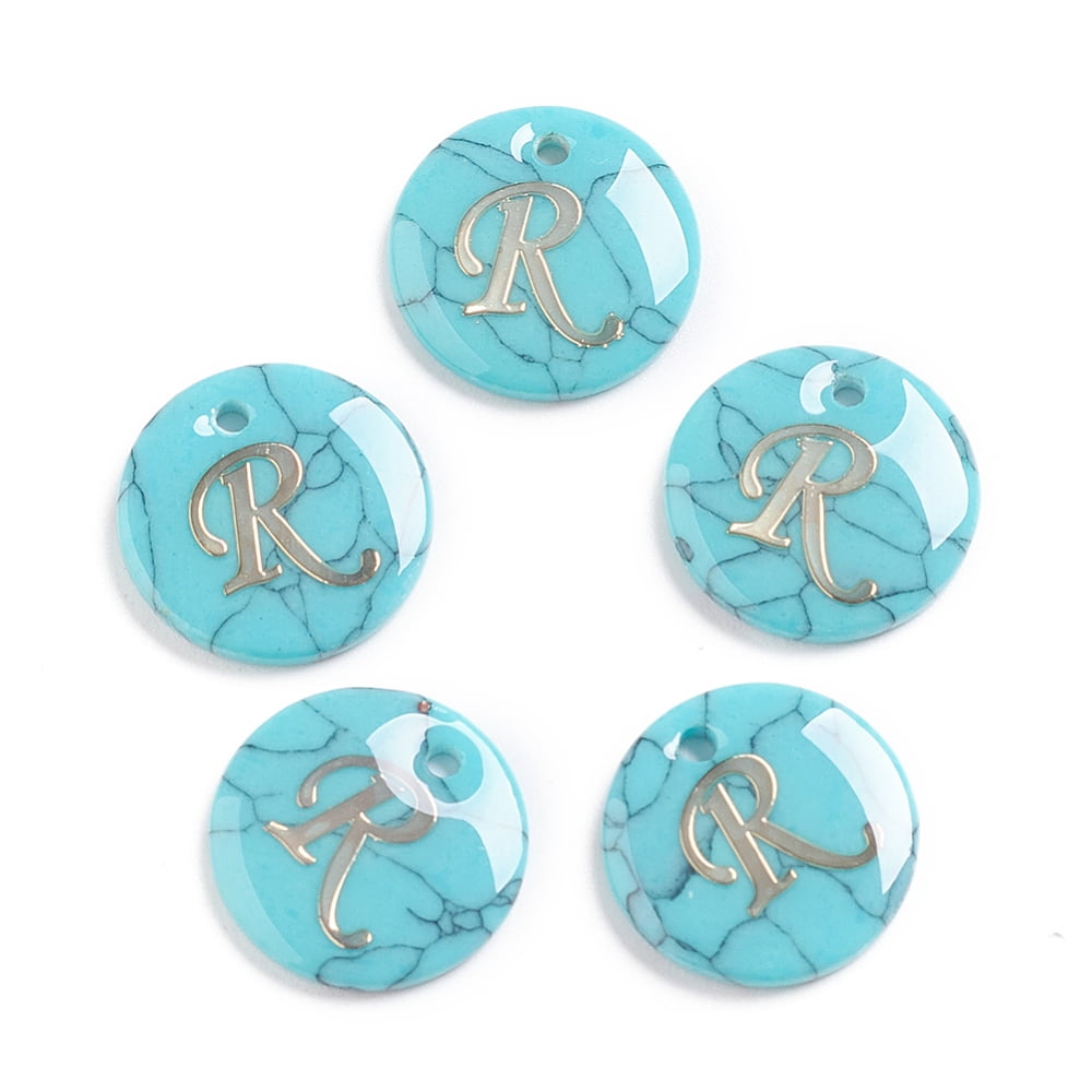 5pcs Turquoise with Plastic Letter Flat Round Letter.R 15x2mm Hole: 1 ...