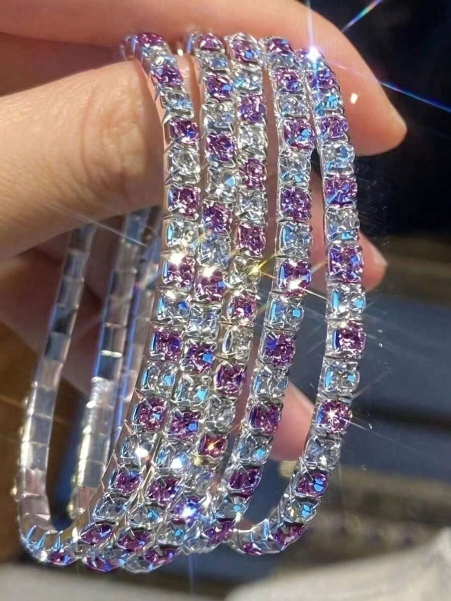5pcs White & Dark Purple Sparkling Crystal Rhinestone Stretch Bangle ...