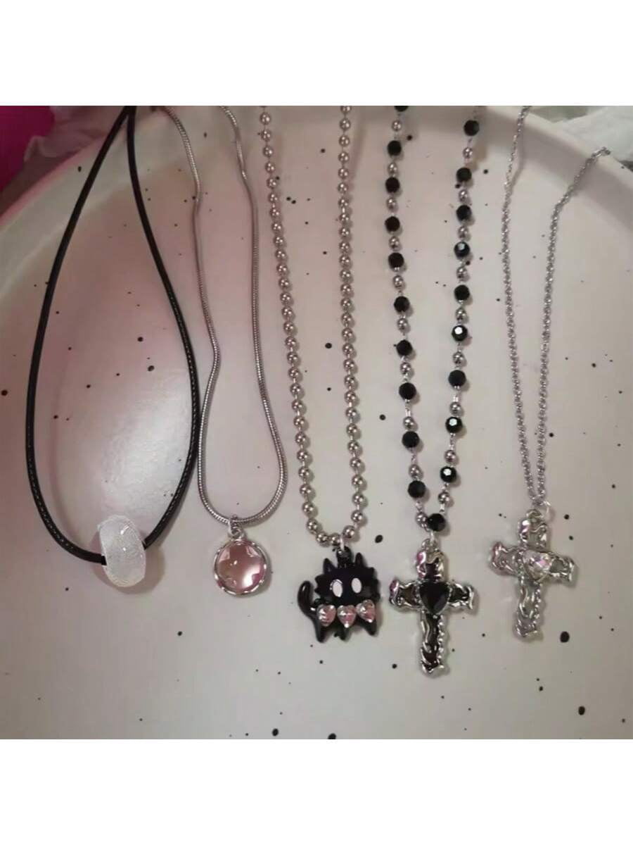 5pcs White + Pink + Black Vintage Punk Harajuku Grunge Pendant Necklace ...