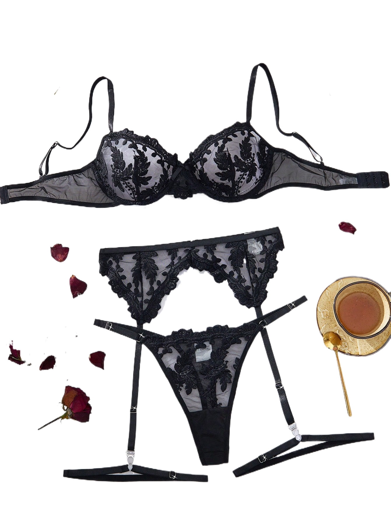 5pcs Women's Sexy Floral Embroidery Mesh Lingerie Set, Lace Bra And ...