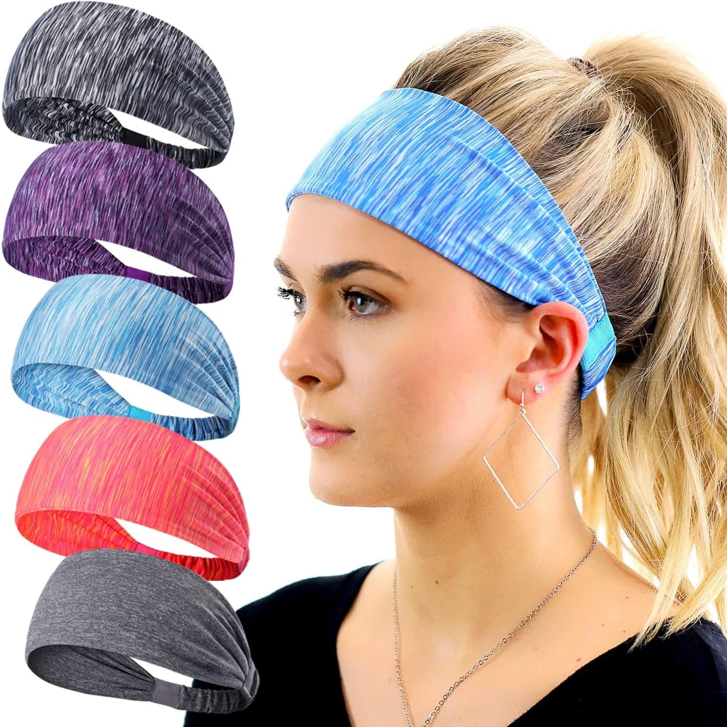5pcs Workout Headbands for Women, Moisture Wicking Sport Sweatbands ...