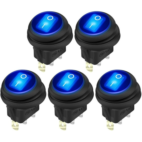 5pcs/set Rocker Switch 3 Pins 12v 20a Blue Led Lighted Round On/off ...