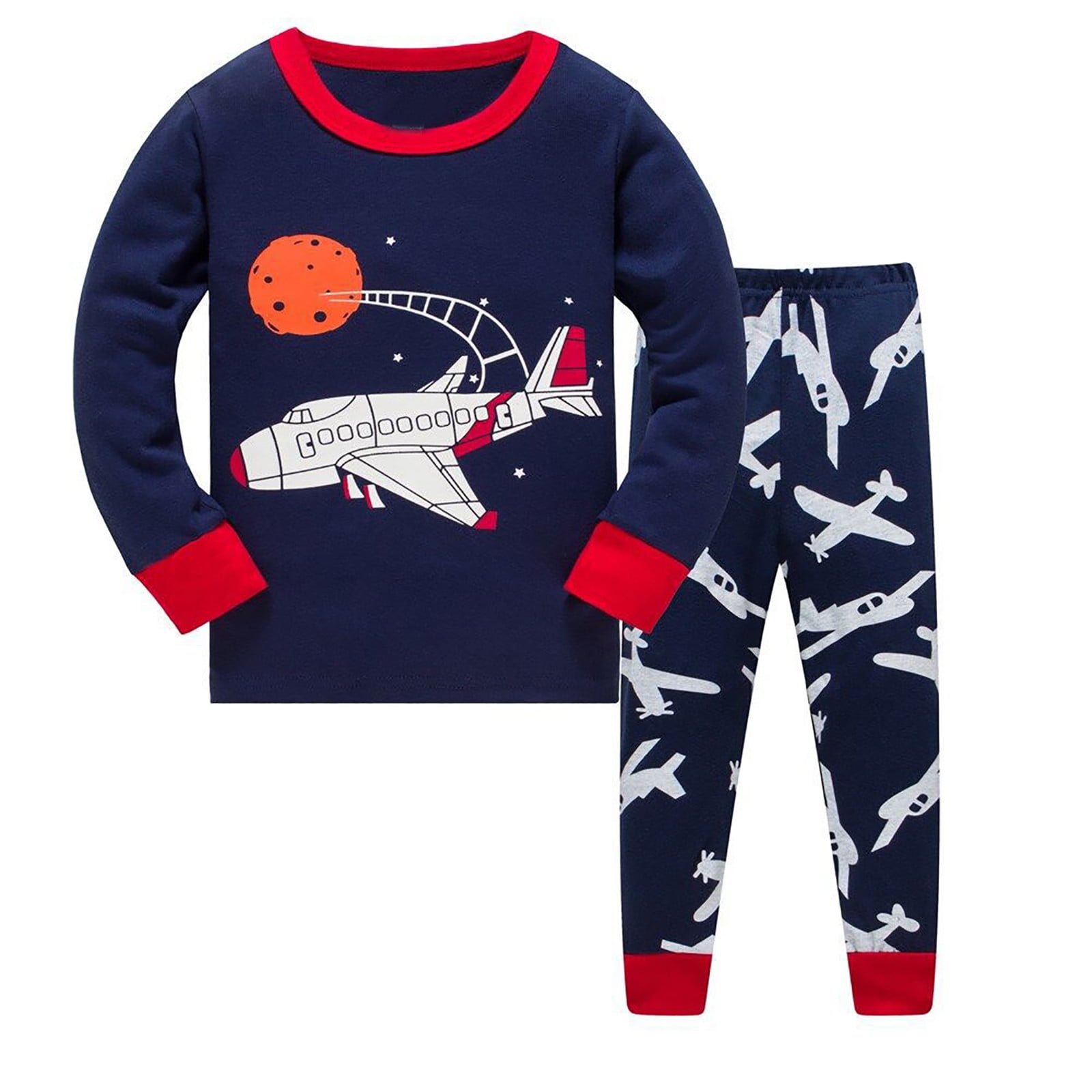 5t Boys Pajamas Fall Cartoon Print Cotton Long Sleeve Sets Round Neck ...