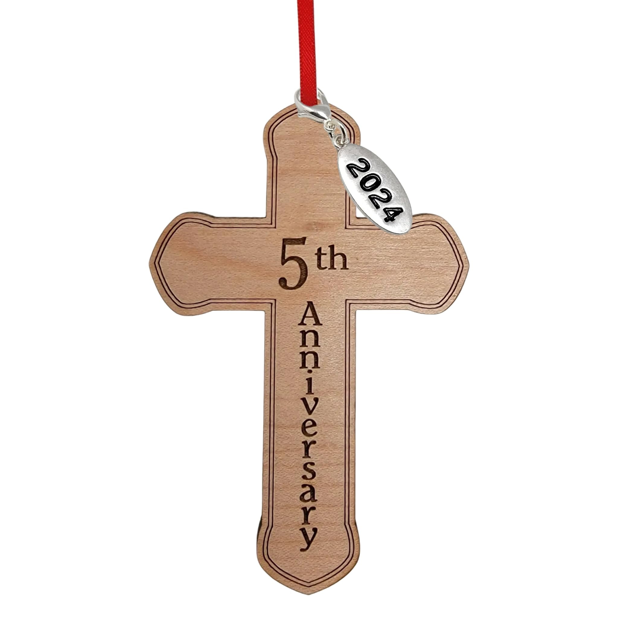 Second Walnut 5th Anniversary Ornament Wooden Cross Year Date Hang Tag ...