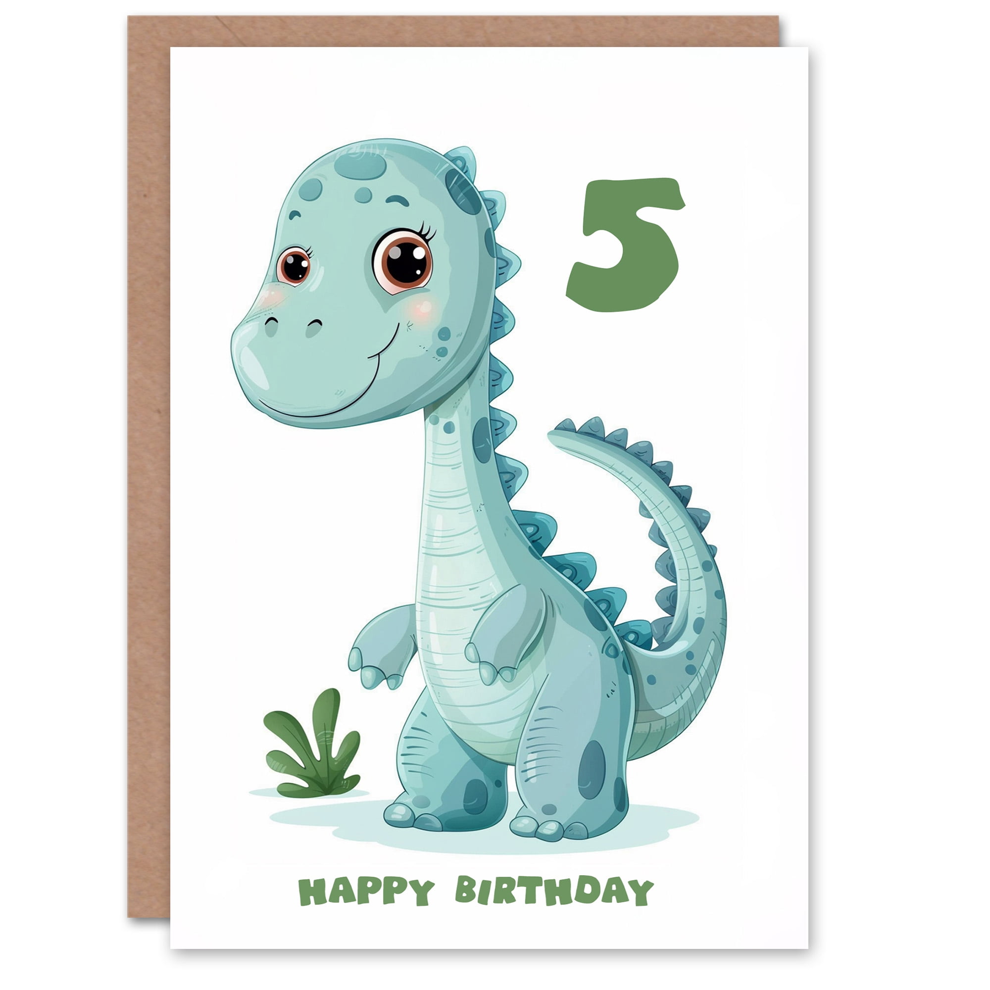 5th Birthday Card Cute Blue Baby Dinosaur Cartoon Kids Age 5 Year Old ...