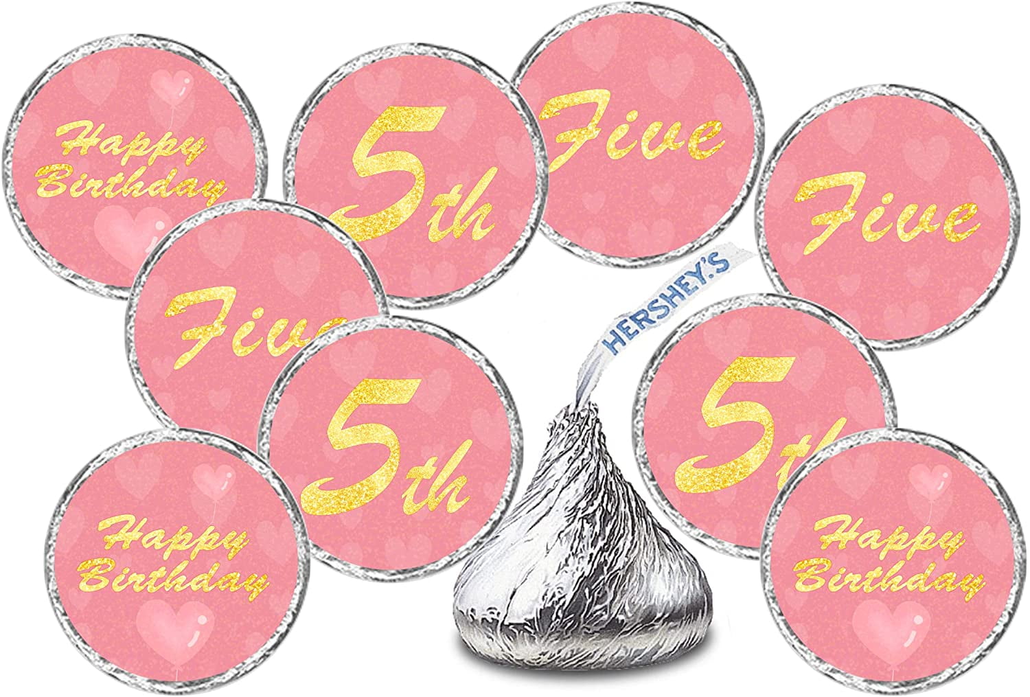 5th Birthday Kisses Stickers, Five Pink Kiss Labels for Girl Happy ...