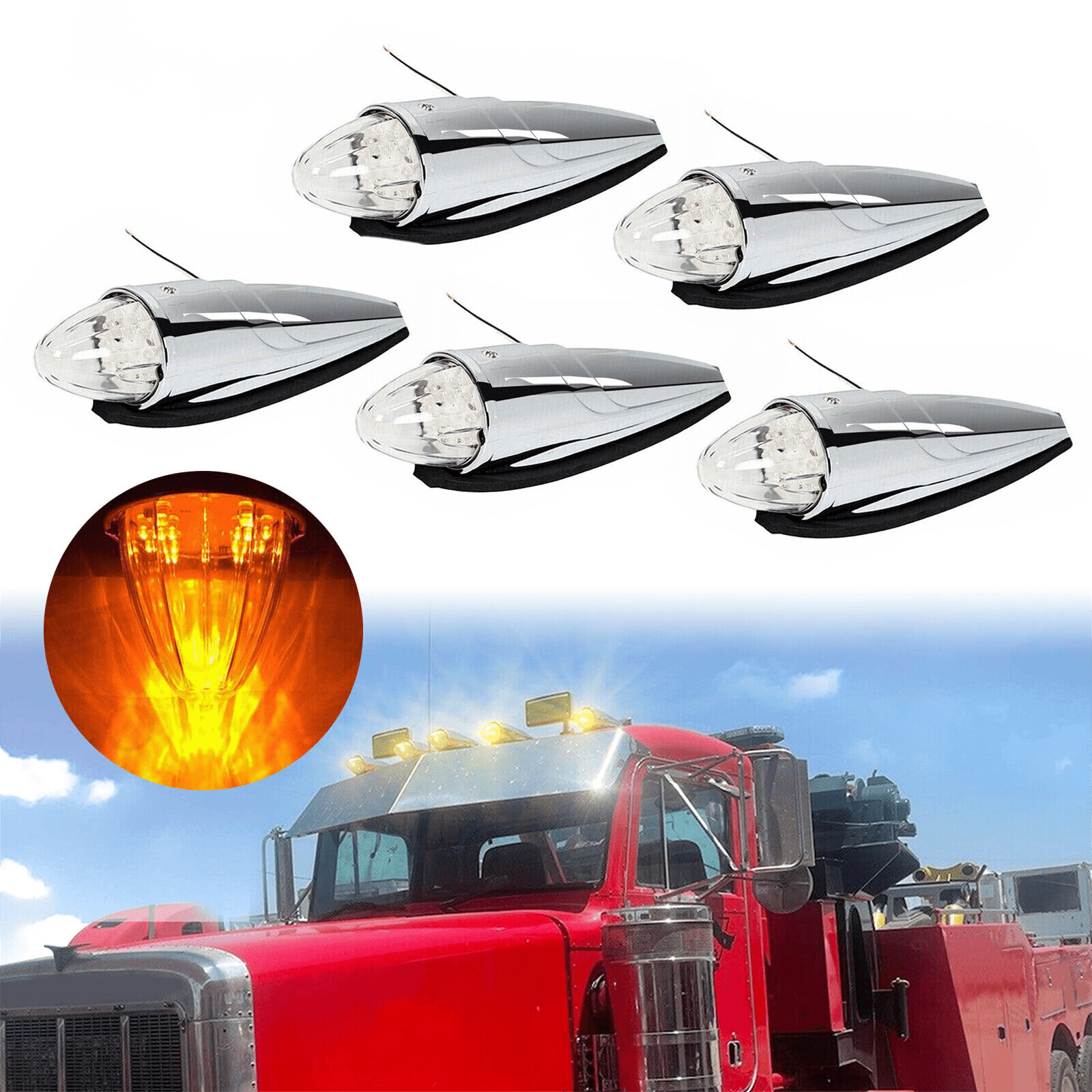 5x 17 LED Torpedo Cab Roof Top Marker Lights Kit For Kenworth Peterbilt ...