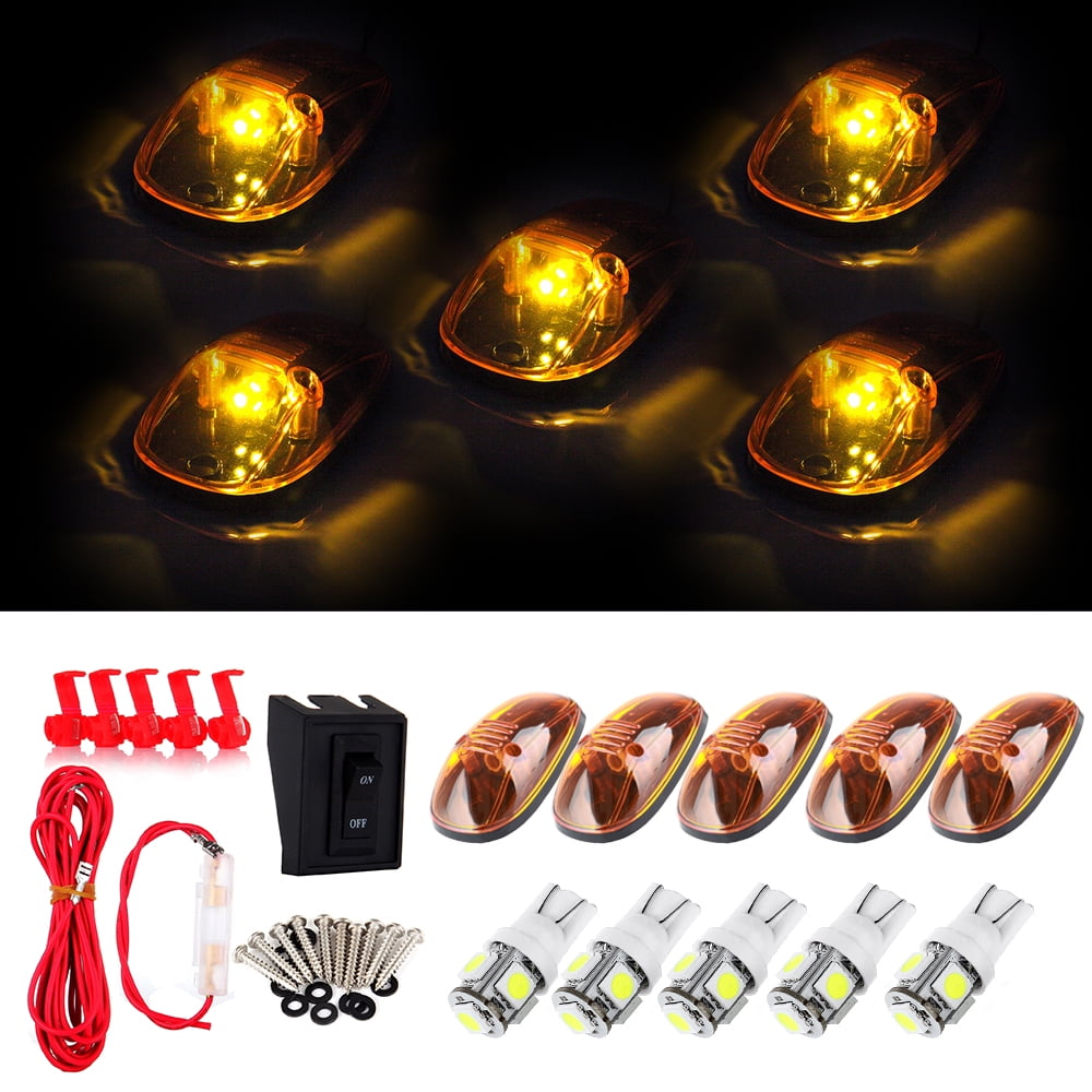 5x Amber LED Cab Roof Marker Clearance Covers + 5x White T10 5-SMD 5050 ...