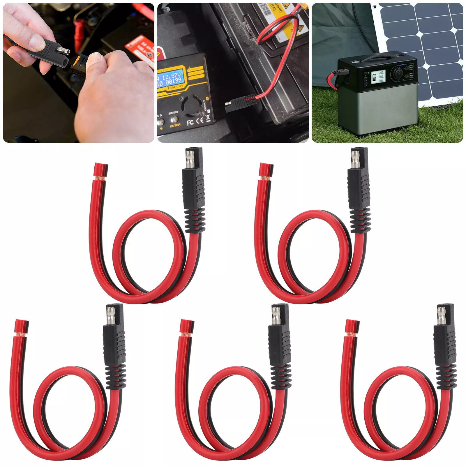 5x SAE Connector 10AWG 30cm/1ft Heavy-Duty 2-Pin Quick Disconnect Cable ...