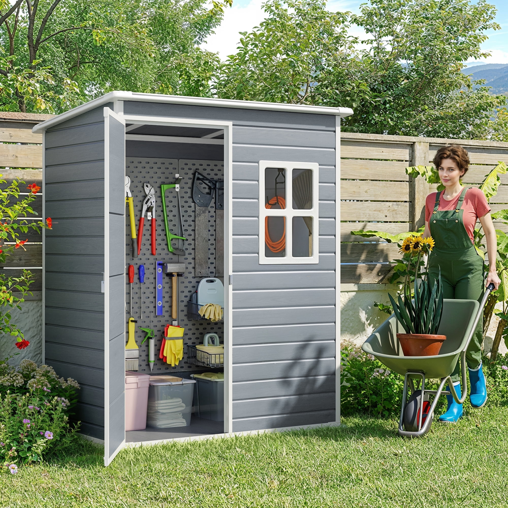 5x3 FT Lockable Outdoor Storage Shed with Floor - Heavy Duty Resin Tool ...