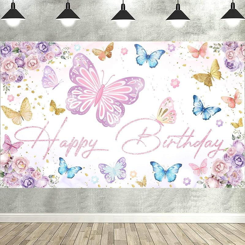 5x3FT Butterfly Birthday Backdrop Pink Spring Butterfly Background ...