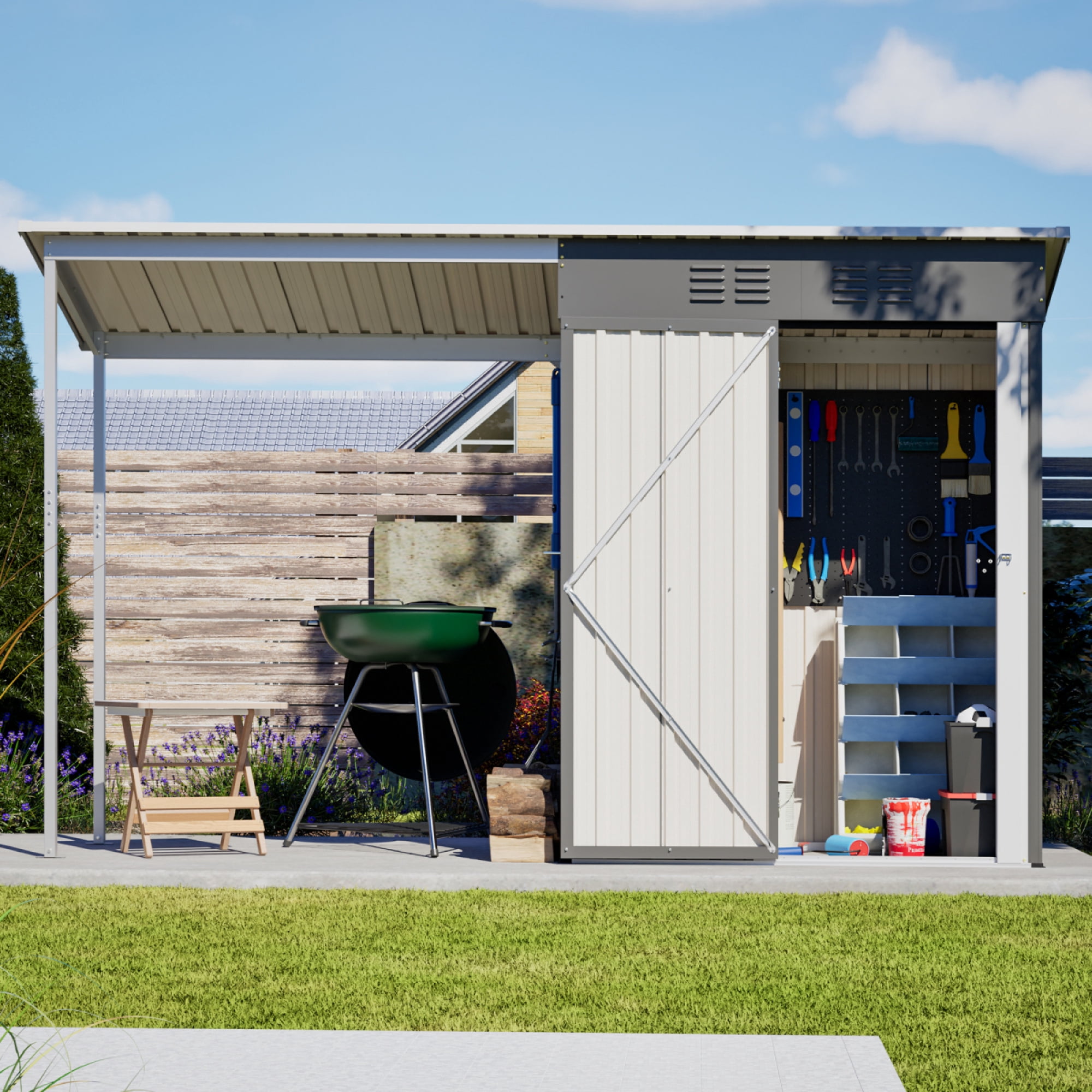 5x3FT Durable Galvanized Steel Shed & Gazebo Combo - 2-in-1 Lean-To ...