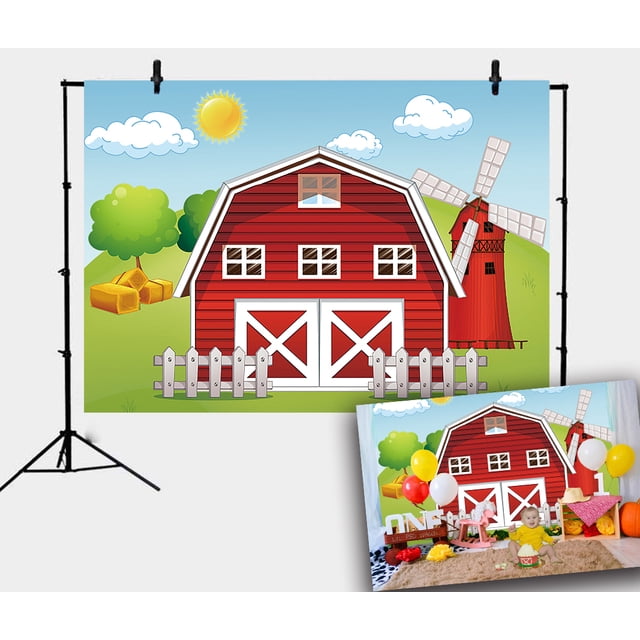 5x3FT Farm Backdrop Cartoon Farm Theme Party Supplies Red Farm Windmill ...