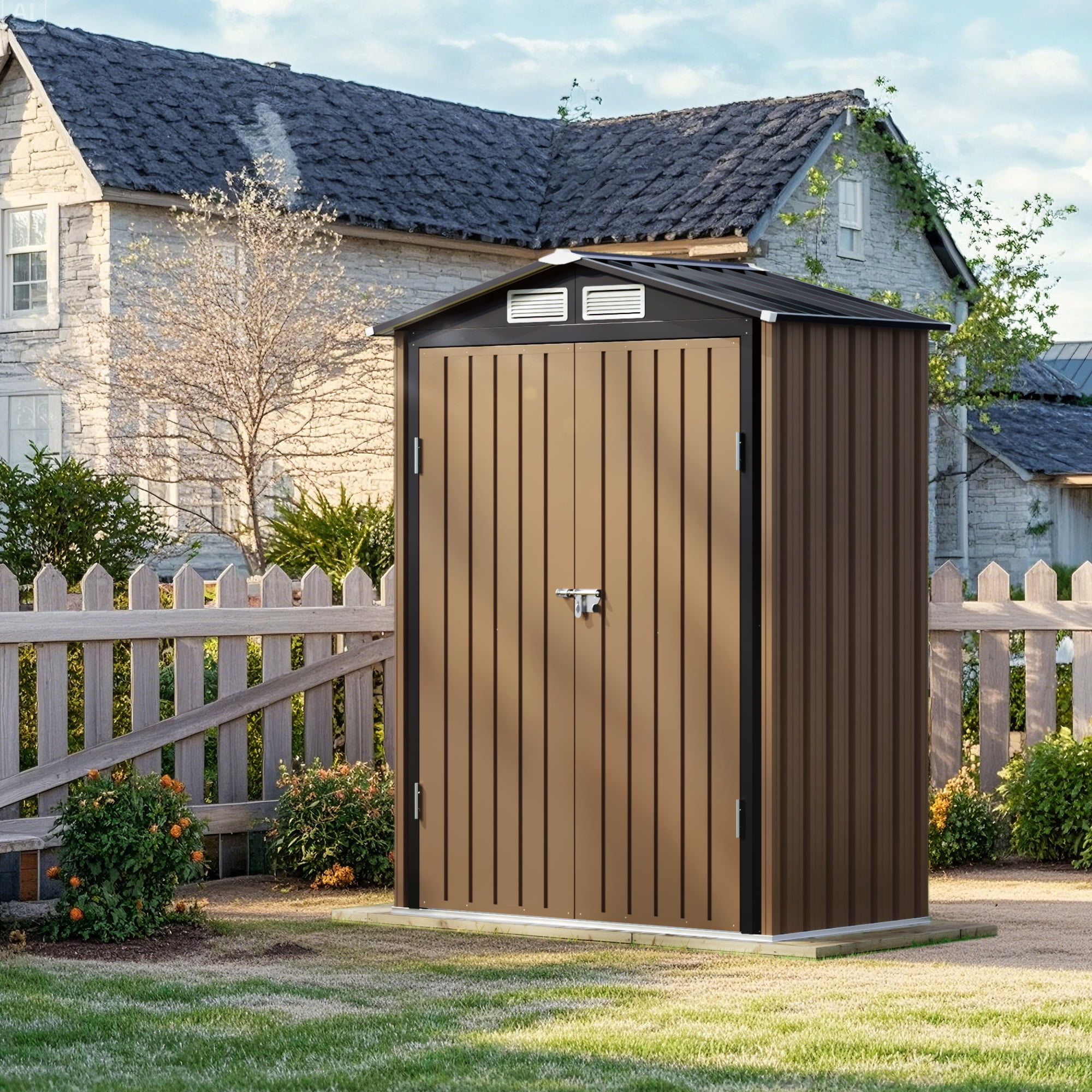 5x3FT Outdoor Metal Storage Shed with Lockable Doors and Frame Floor ...