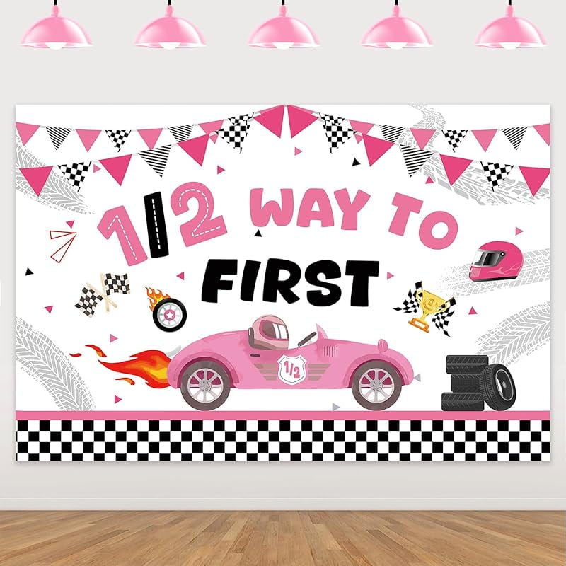 5x3FT Pink Racing Car Themed 1/2 Way to First Backdrop Vintage Car ...