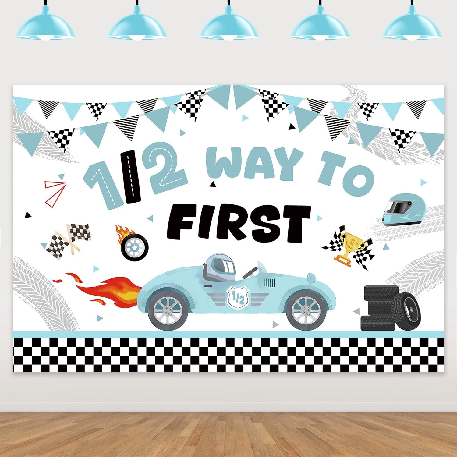 5x3FT Racing Car Themed 1/2 Way to First Backdrop Blue Vintage Car Half ...
