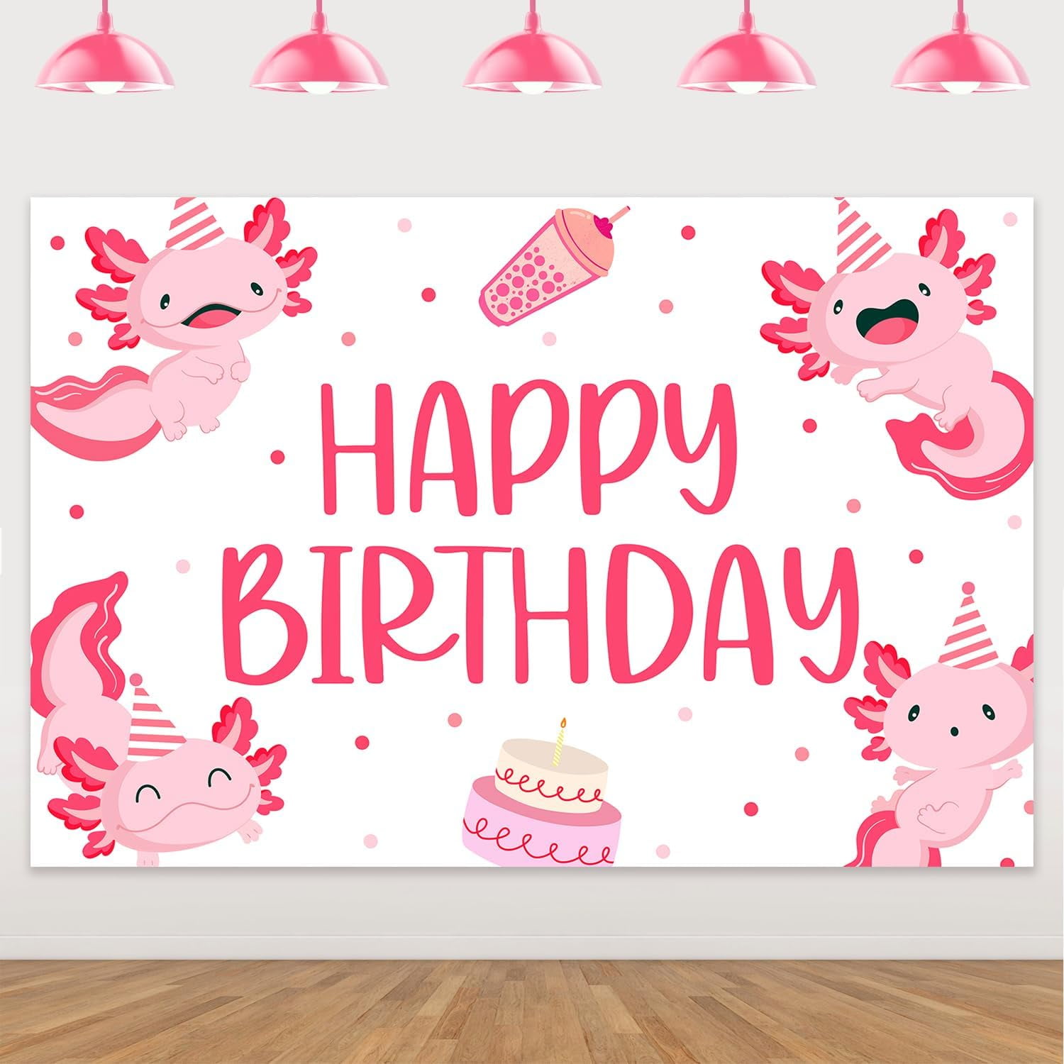 5x3ft Axolotl Birthday Backdrop Pink Axolotl Happy Birthday Photography ...