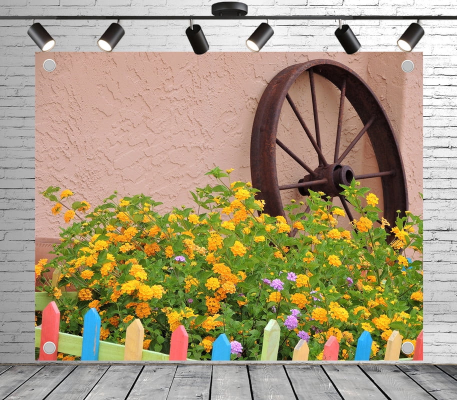 5x3ft Garden Backdrop Flowers Wagon Wheel Fence Photo Backdrop Rustic ...