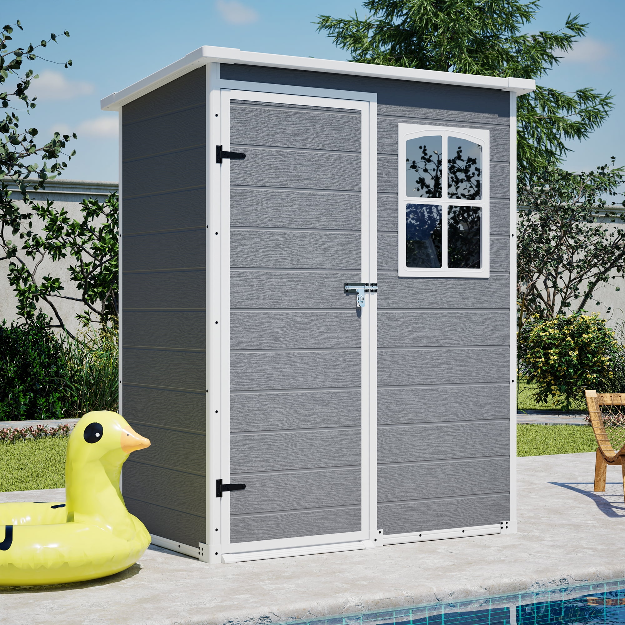 5x3ft Gray Resin Outdoor Storage Shed with Floor, Waterproof Lockable ...