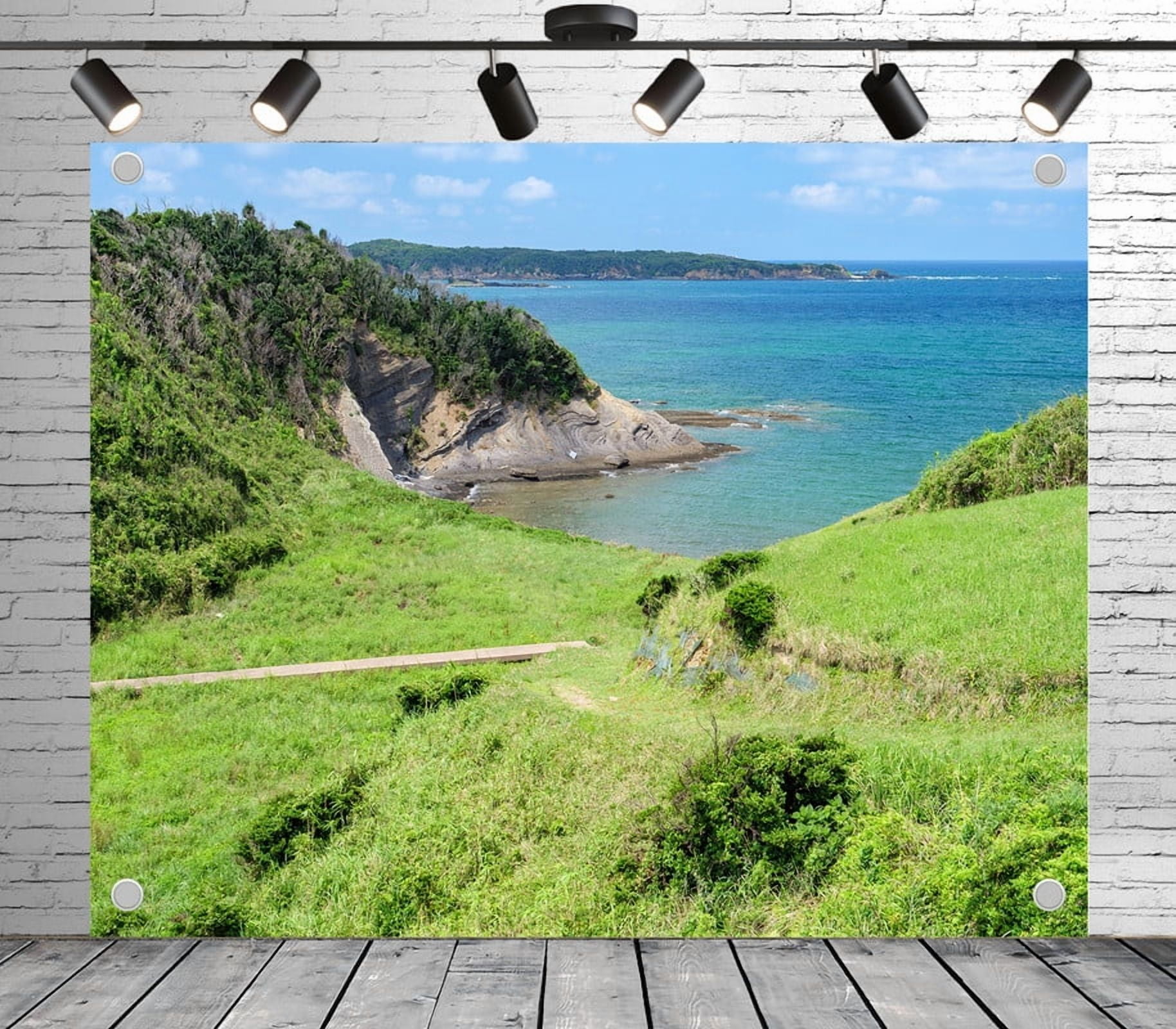 5x3ft Ocean Cliff Backdrop – Rocky Shore, Lush Greenery & Turquoise ...