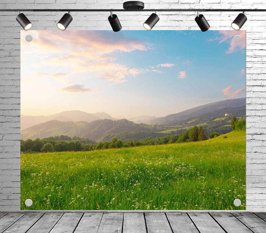 5x3ft Outdoor Background Pink Hues Blue Sky Green Meadow Rolling ...