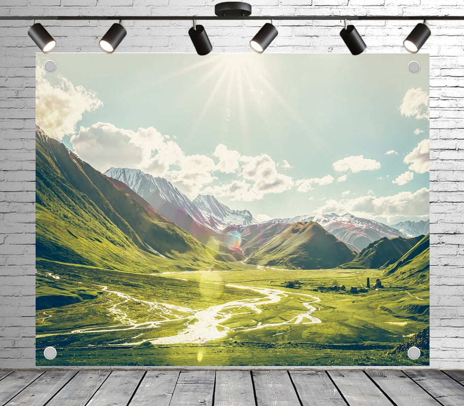 5x3ft Outdoor Background Sunlit Snow Capped Mountains Winding Stream ...