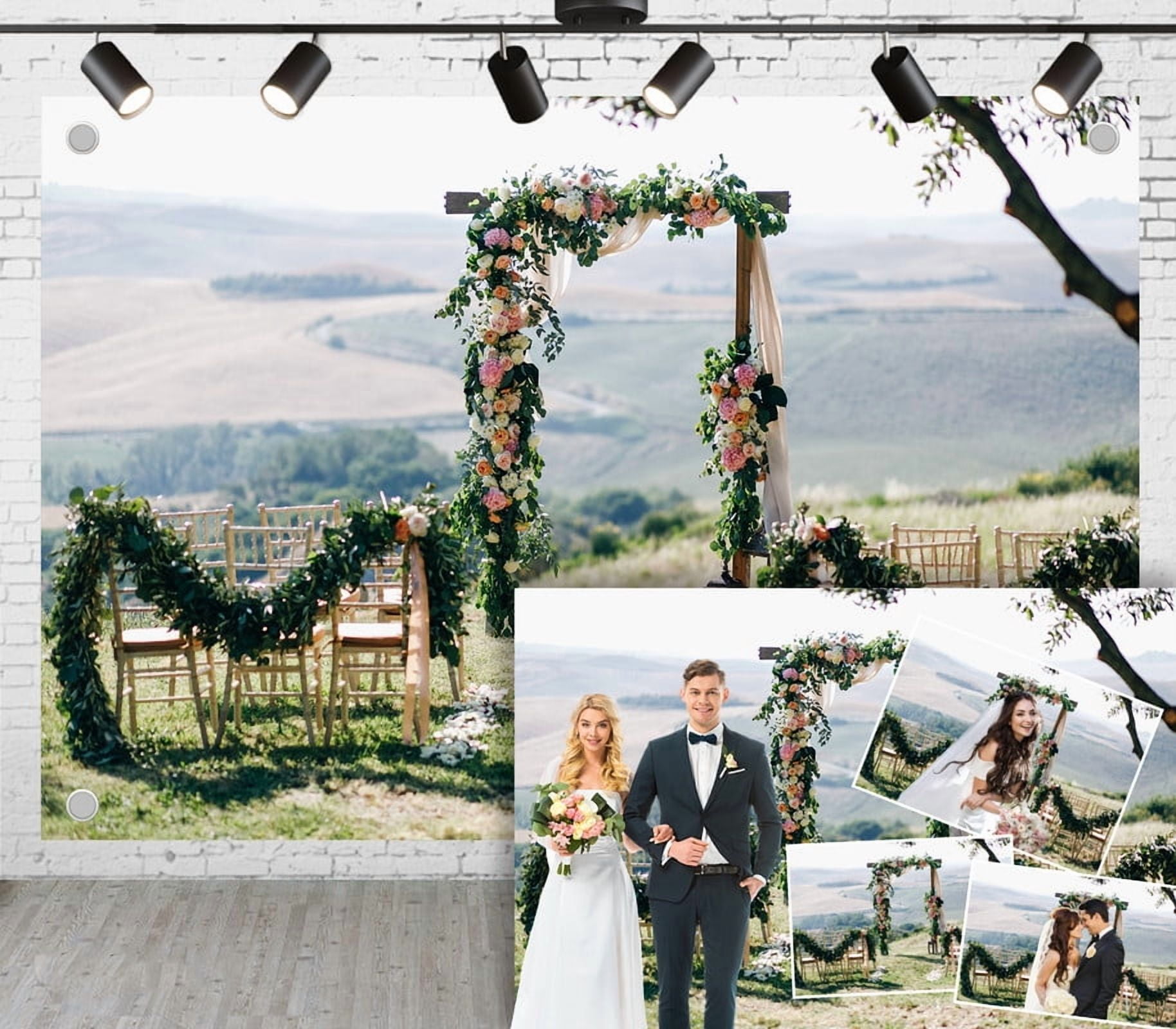 5x3ft Outdoor Mountain Wedding Backdrop,Flower Arch Wooden Chair ...