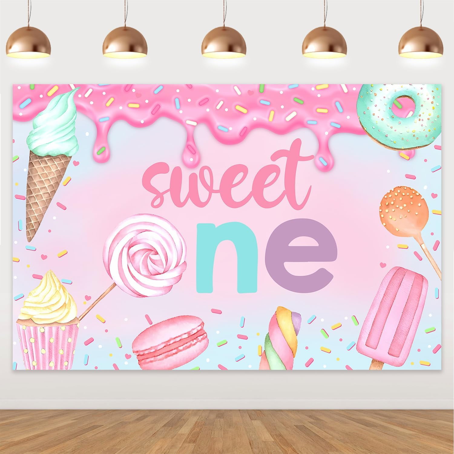 5x3ft Sweet One Birthday Backdrop 1st Birthday Pink Sweet Donut Ice ...