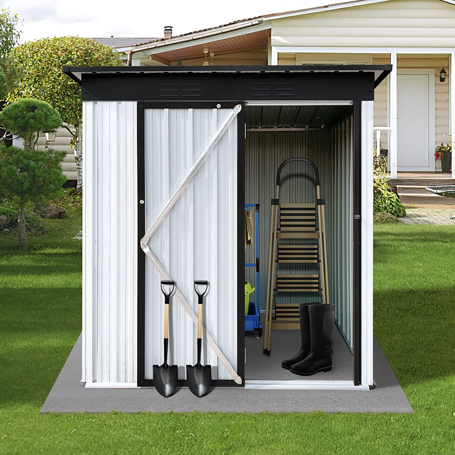 5x4 FT Metal Garden Sheds with Hinged Door and Padlock & Punched Vents ...