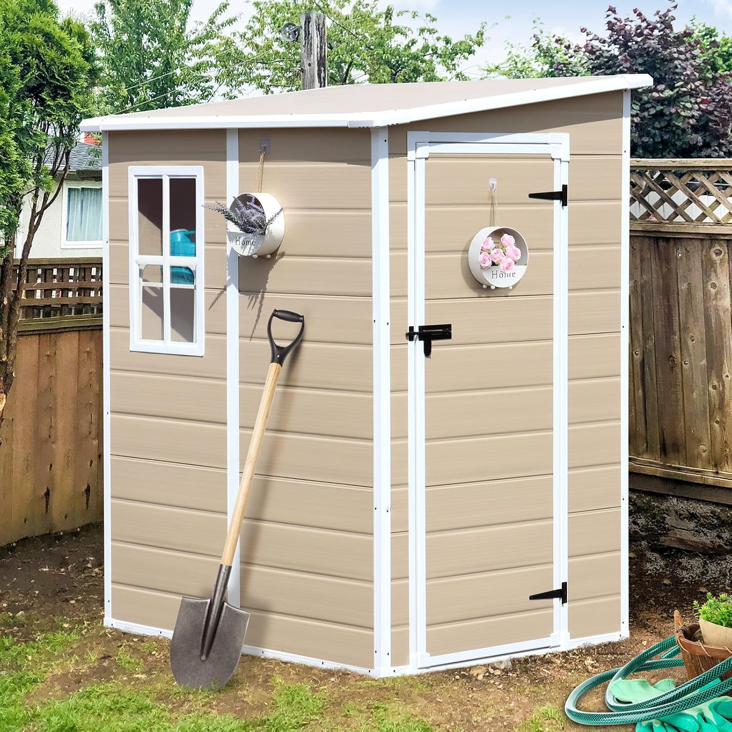 5x4 FT Outdoor Storage Shed, Waterproof Resin Storage Shed with Floor & Window & Lockable Door ...