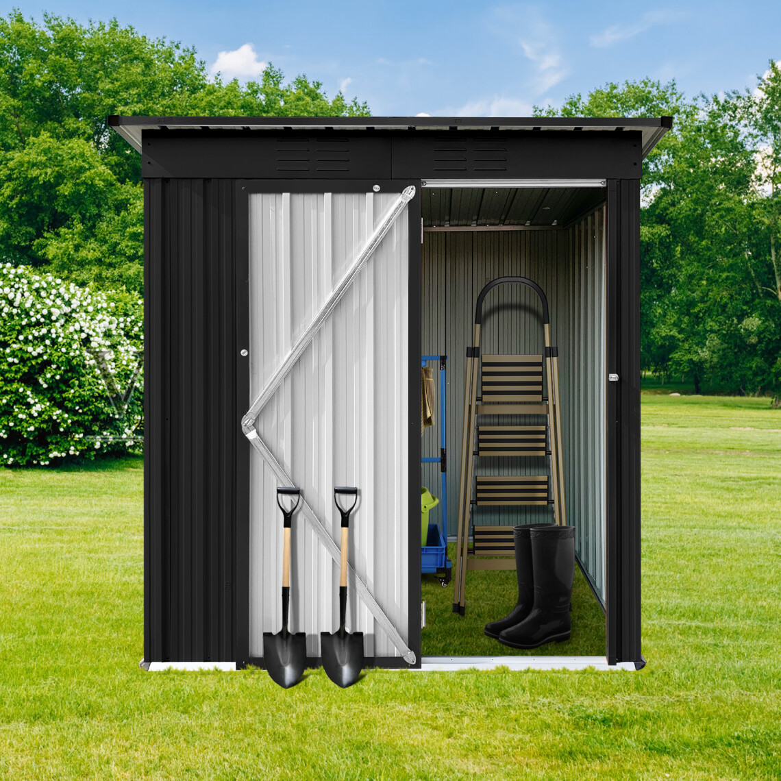 5x4FT Outdoor Storage Shed, Lockable Metal Garden Shed with Sloping ...