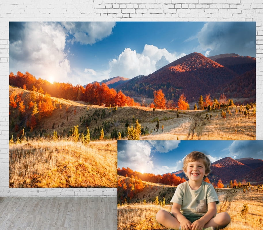 5x4ft Outdoor Background Autumn Golden Grassland Dirt Road Vibrant Red ...