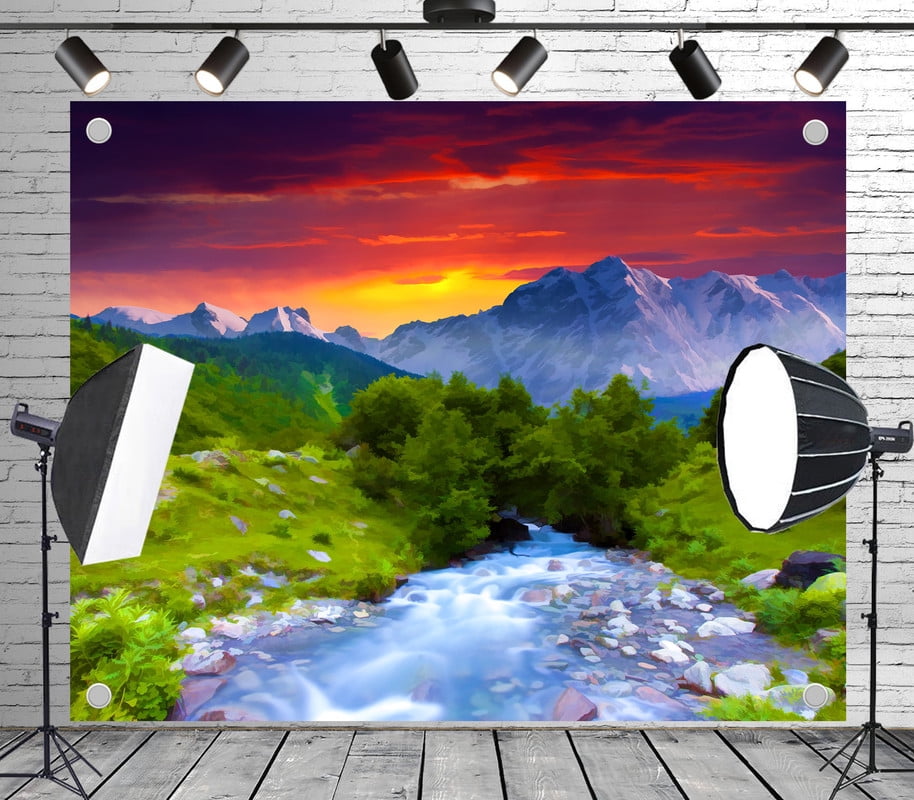 5x4ft Outdoor Background Painting Style Sunset Stream Green Valley Snow ...