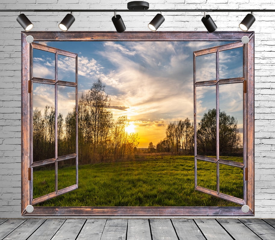 5x4ft Rustic Backdrop Window View of Sunset Field Photo Backdrop Grass ...