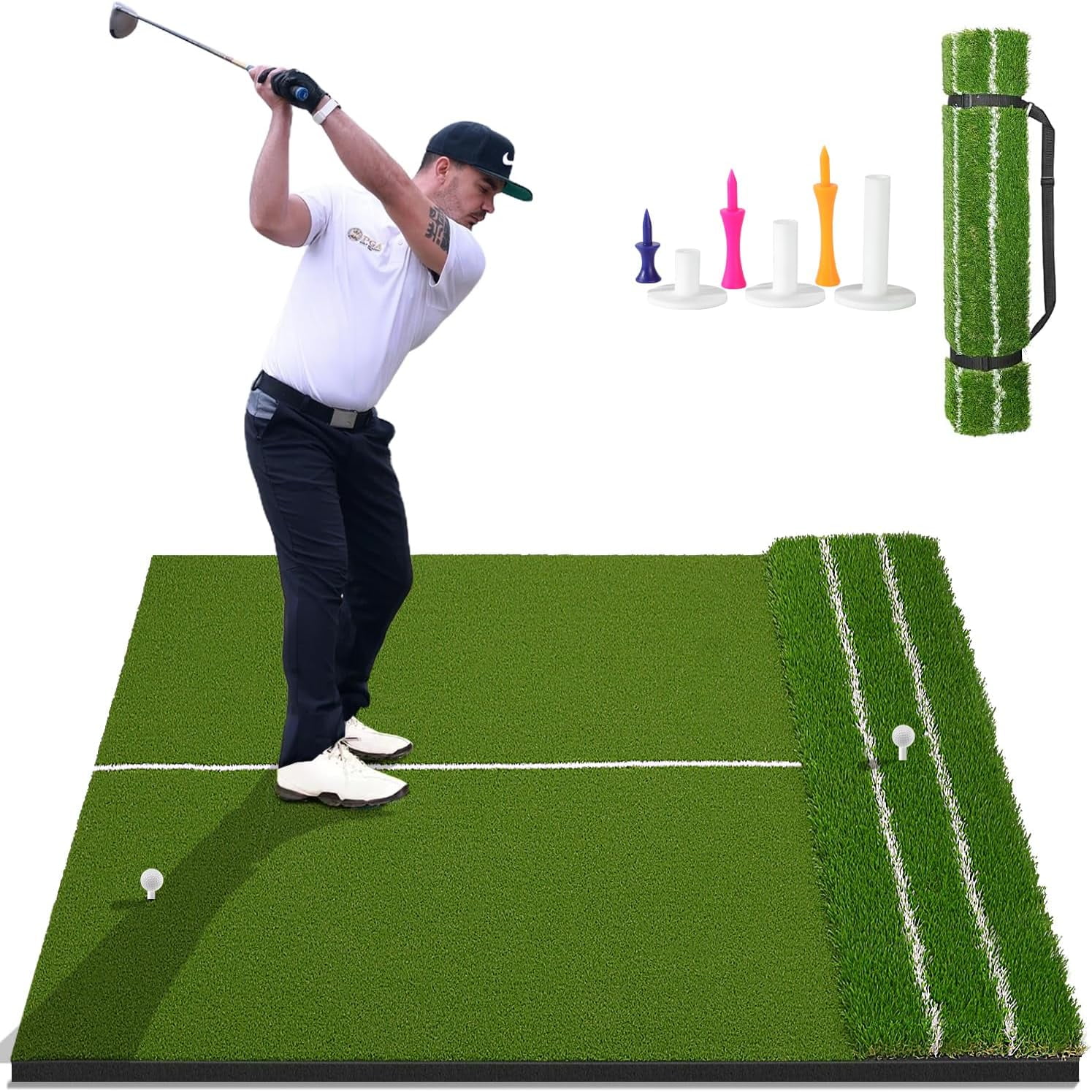 5x5ft Golf Hitting Mat – Large Dual Turf, Alignment & Angle of Approach ...