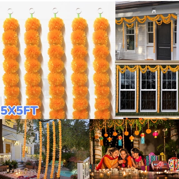 5x5ft Marigold Flower Strings, 5-Pack Monsoon-Resistant Hindu Door ...