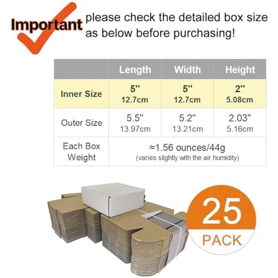 5x5x2'' Corrugated Mailers, 25 Pack, Cardboard Shipping Boxes, White ...
