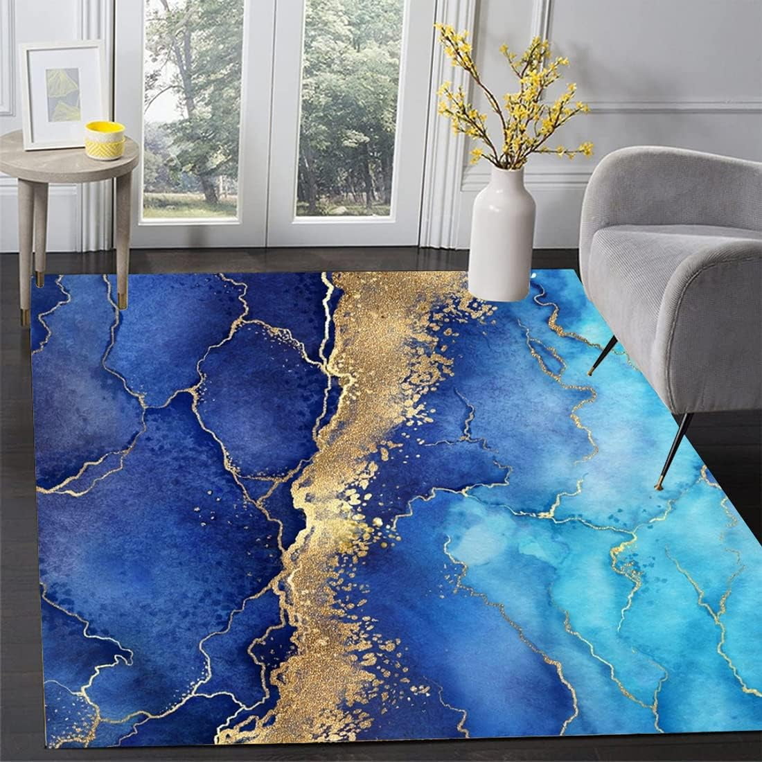 5x6 Modern Abstract Gold and Light Blue Marble Pattern Area Rug for ...