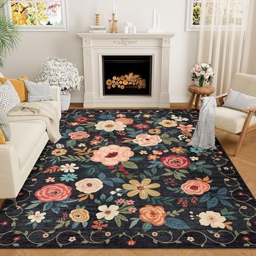 5x7 Area Rug, Floral Design, Lightweight Non Slip Washable, Indoor Low ...