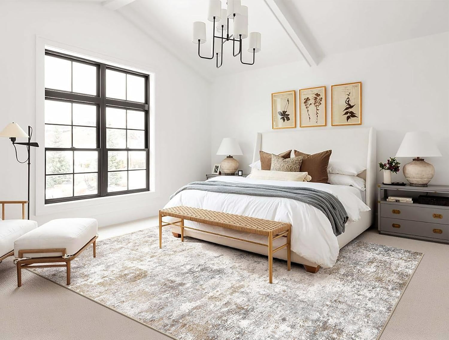 5x7 Area Rug Living Room Rugs - Washable Neutral Modern Abstract Soft ...