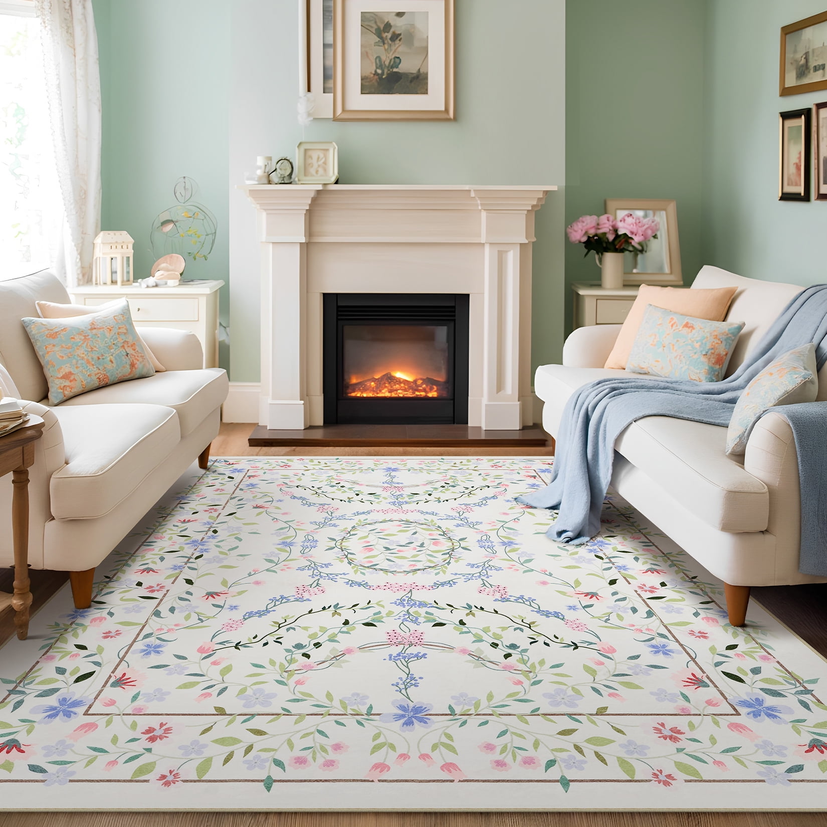 5x7 Area Rug Living Room Rugs - Washable Vintage Floral Soft Thin Large ...