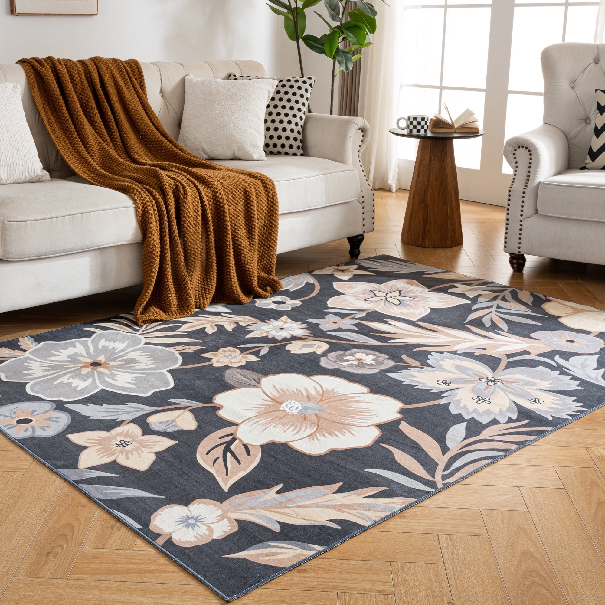 5x7 Area Rug, Vintage Low Pile Floral Print Rug, Large Non Slip Backing ...