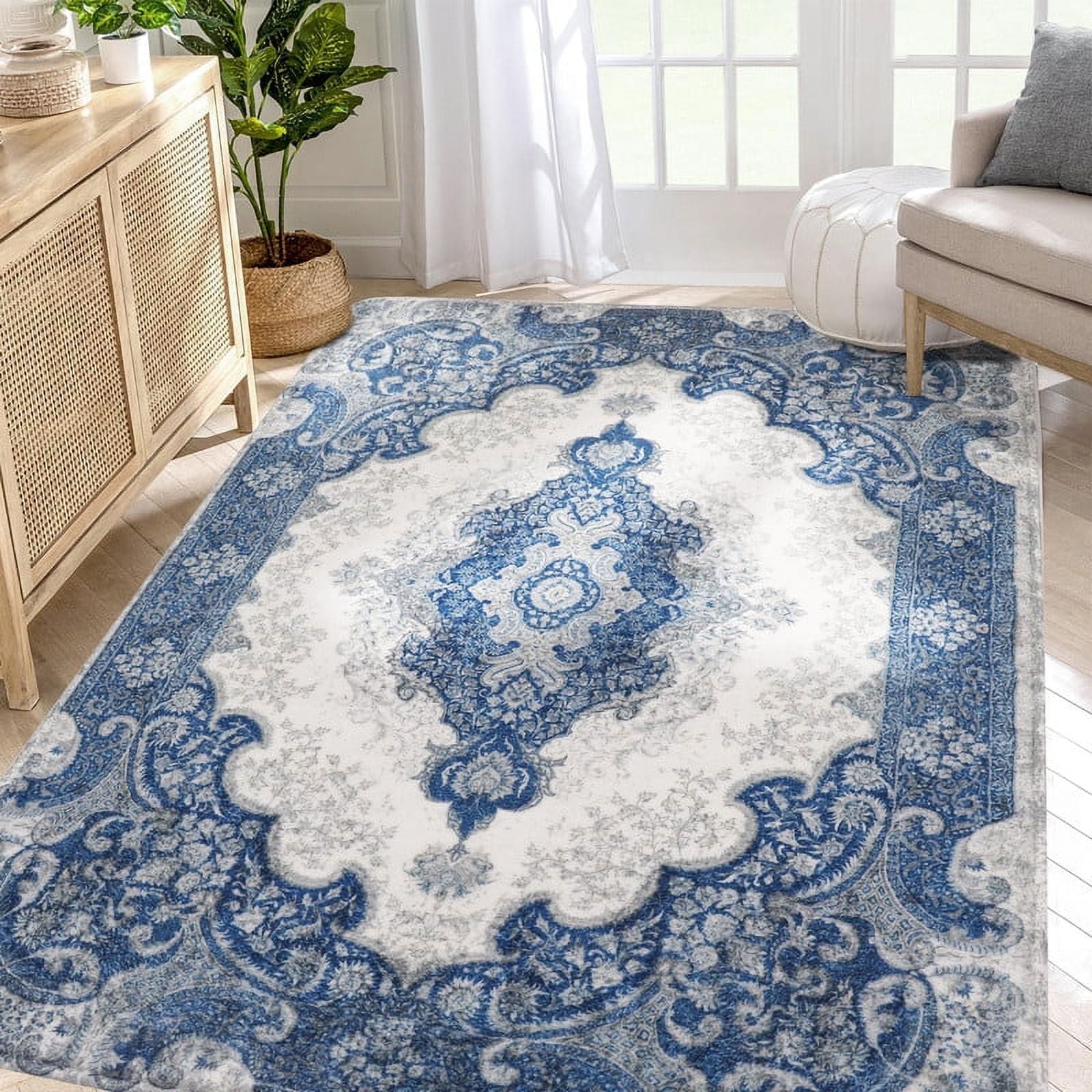 5x7 Area Rug for Living Room - Neutral Beige Blue Floral Vintage Design ...