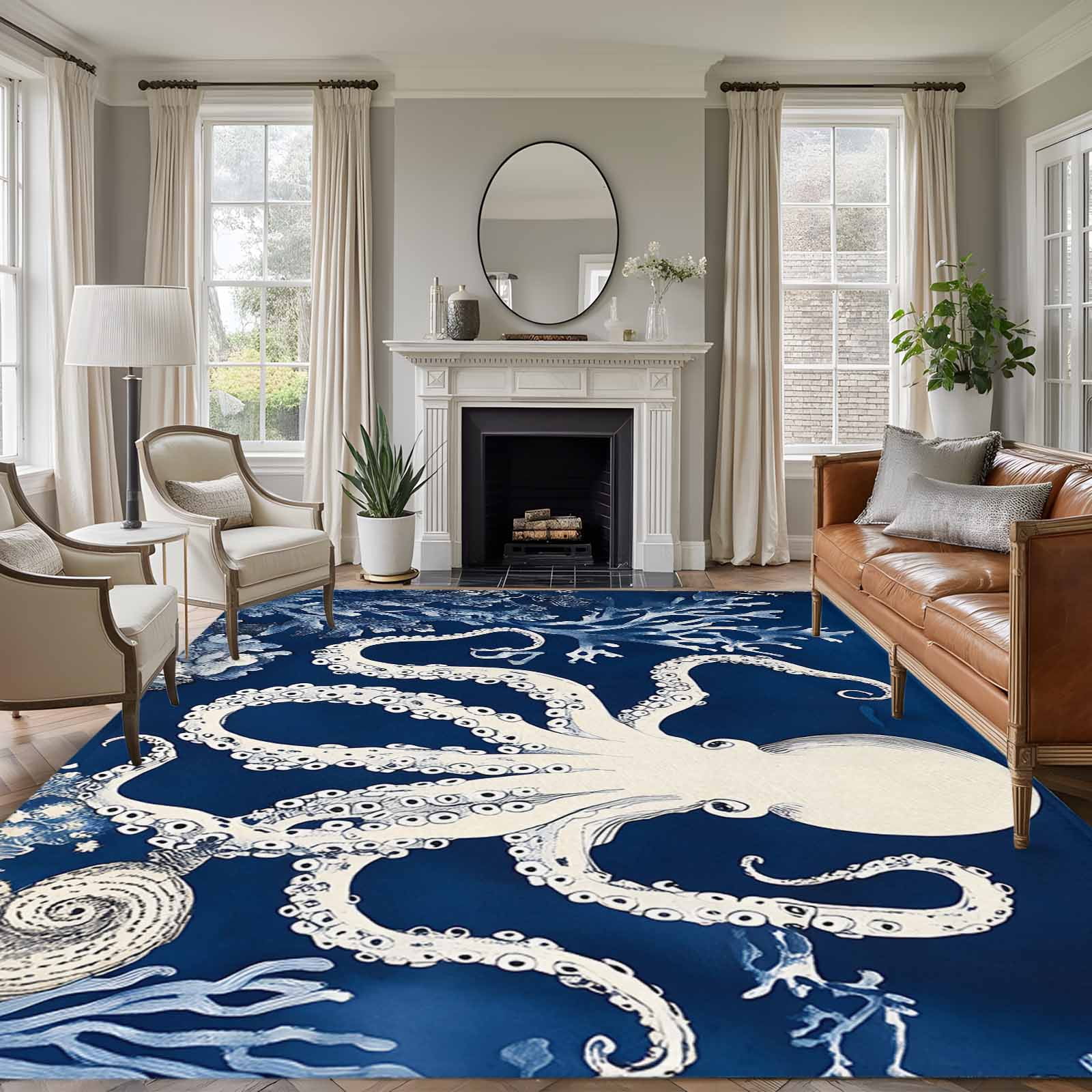5x7 Area Rugs, Beige Octopus Coastal Non-Skid Rubber Backing Large ...