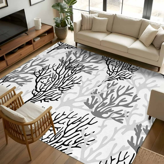 5x7 Area Rugs, Black Gray Coral Coastal Non-Skid Rubber Backing Large ...